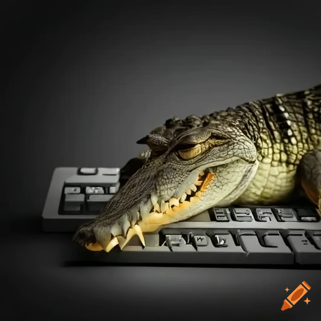 Crocodile typing on a computer keyboard on Craiyon