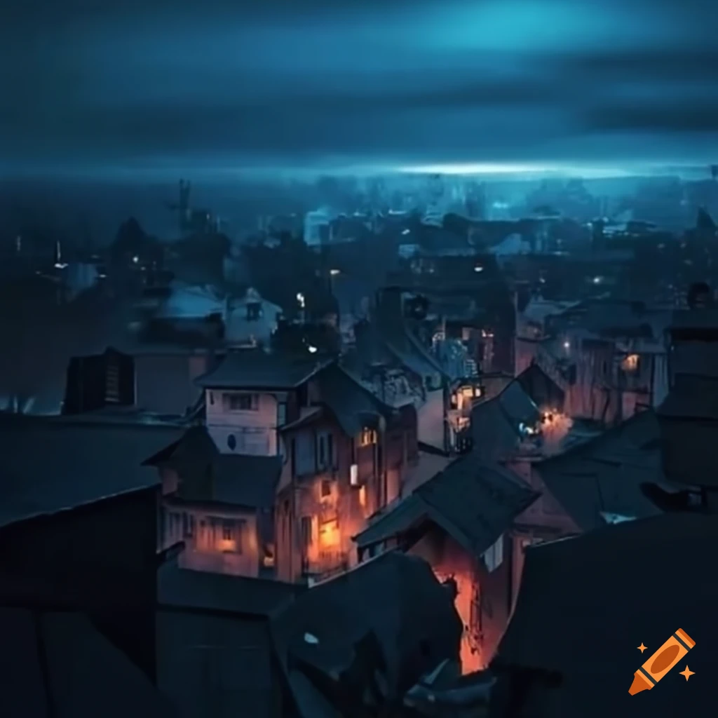 Panoramic view of an intricate small town at night on Craiyon