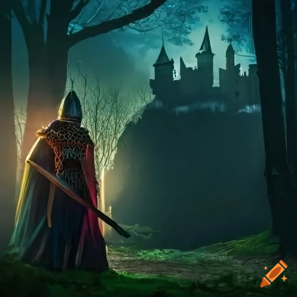 Illuminated knight in a forest with castle in the background on Craiyon
