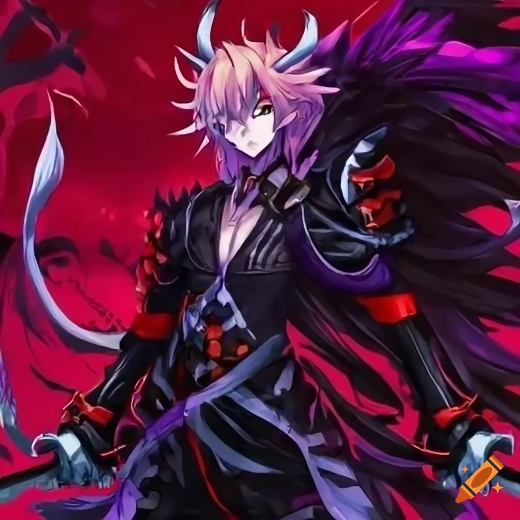 Epic anime art of a flamboyant demon guy with dynamic background on Craiyon