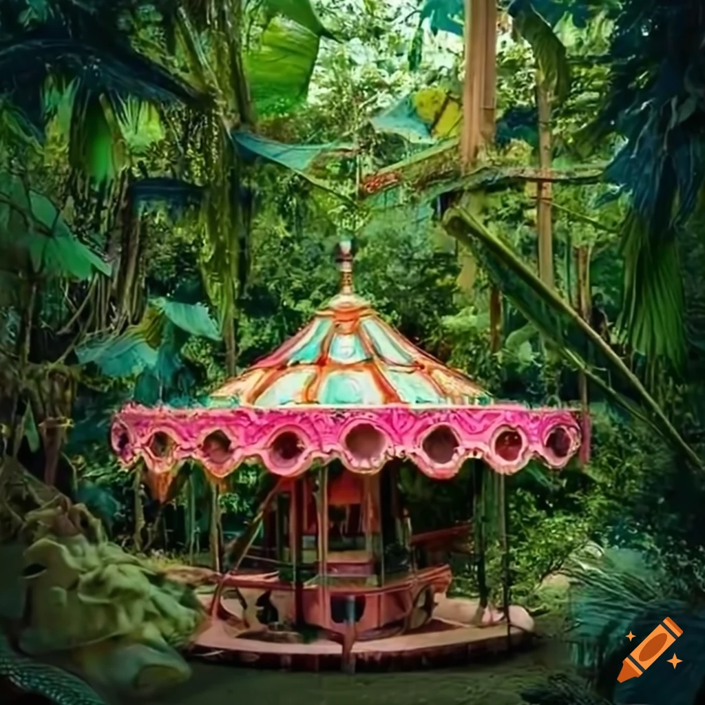 Decaying tropical merry go round covered in vines and flowers on Craiyon