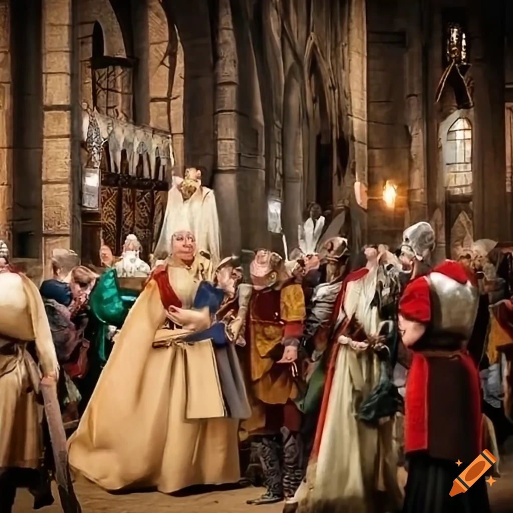 Medieval crowds at camelot event in a cartoon daytime setting on Craiyon