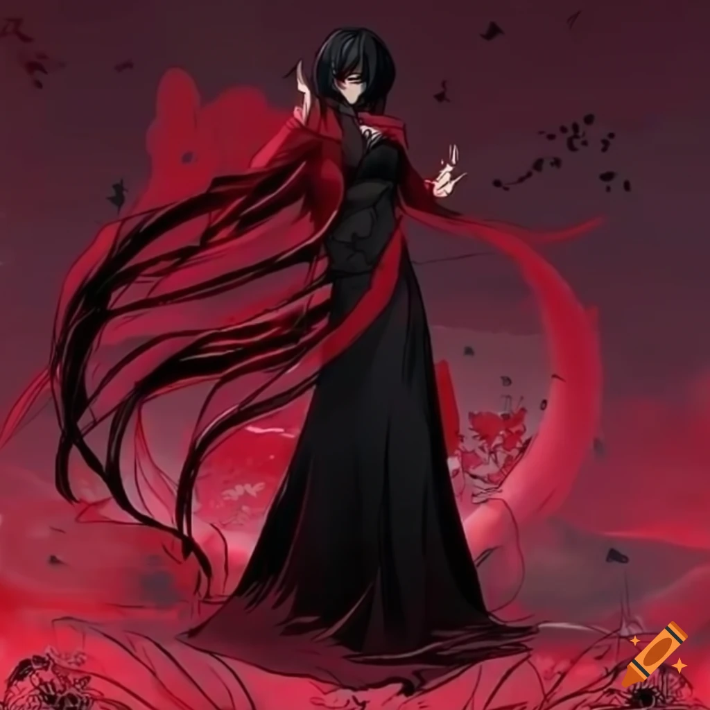 Full body view of a glorious black and red anime-inspired fantasy ...