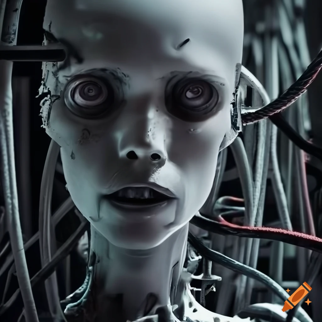 Dark and creepy futuristic scene with factories, computers, and ...