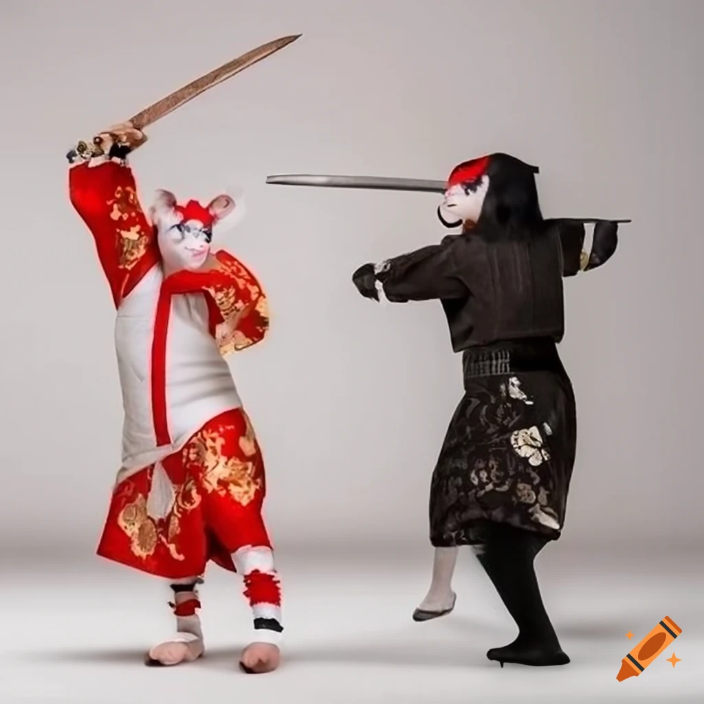 Japanese kabuki cats engaged in a sword fight on Craiyon