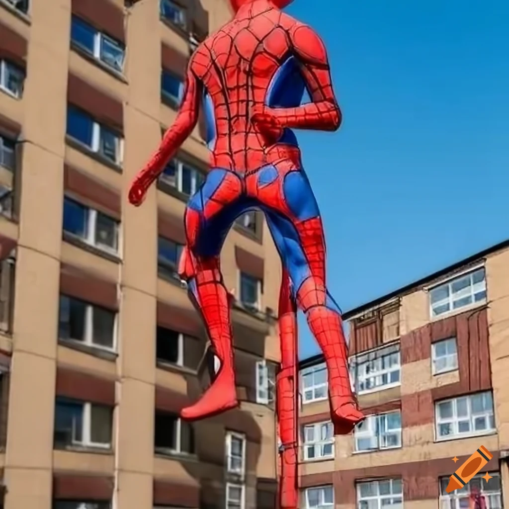 Spider-man-shaped climbing frame with brown blocks of flats on each ...