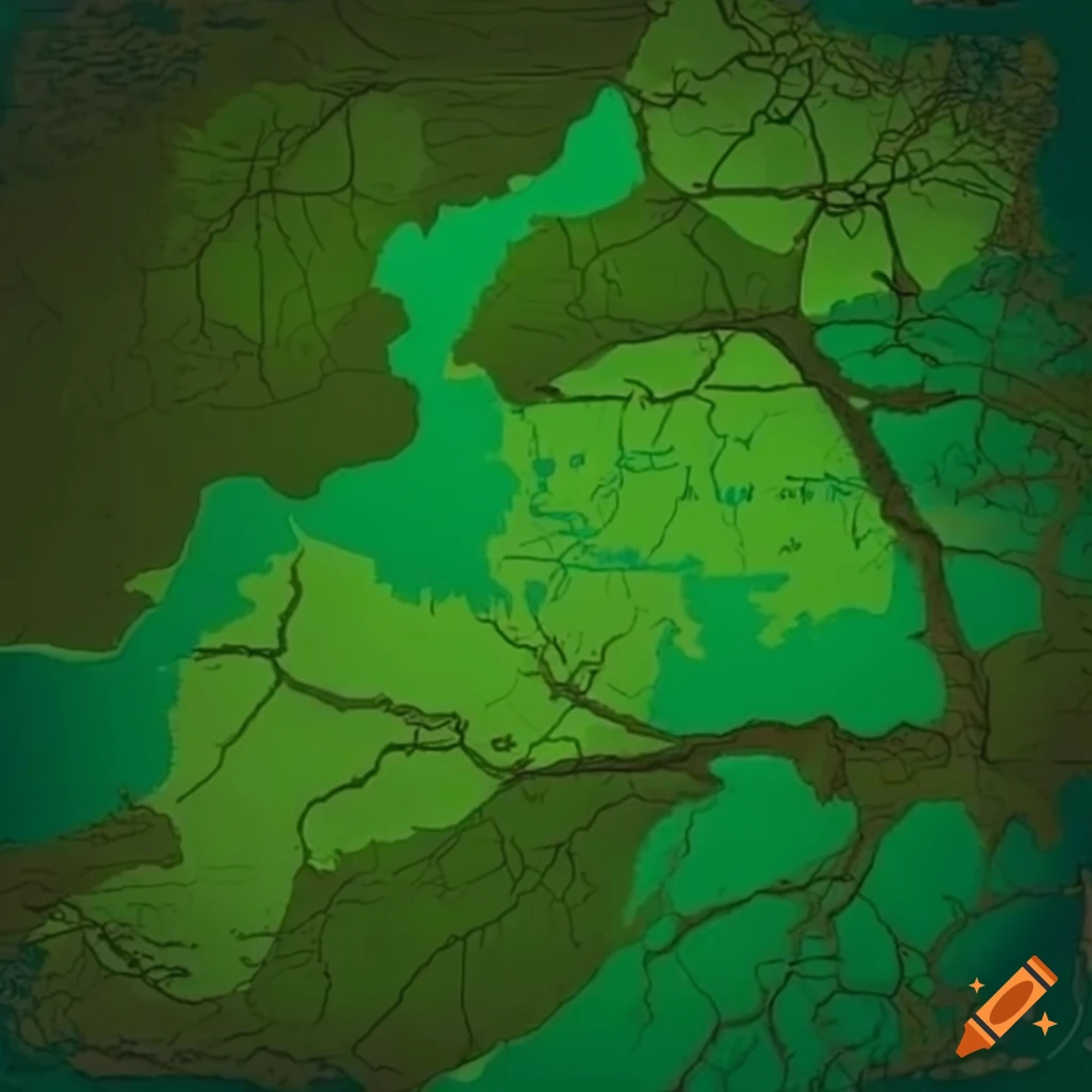 Map depicting forests with various shades of green on Craiyon