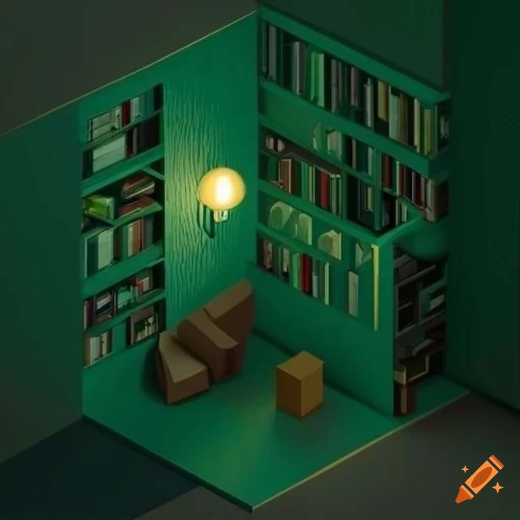 Isometric cozy cube room with a library full of books and stairs on Craiyon