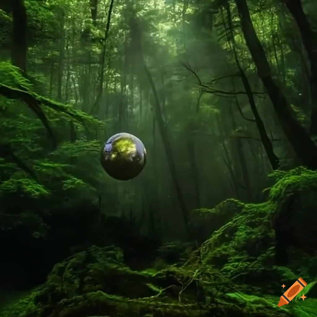 Chrome ball hovering in a dense forest on Craiyon