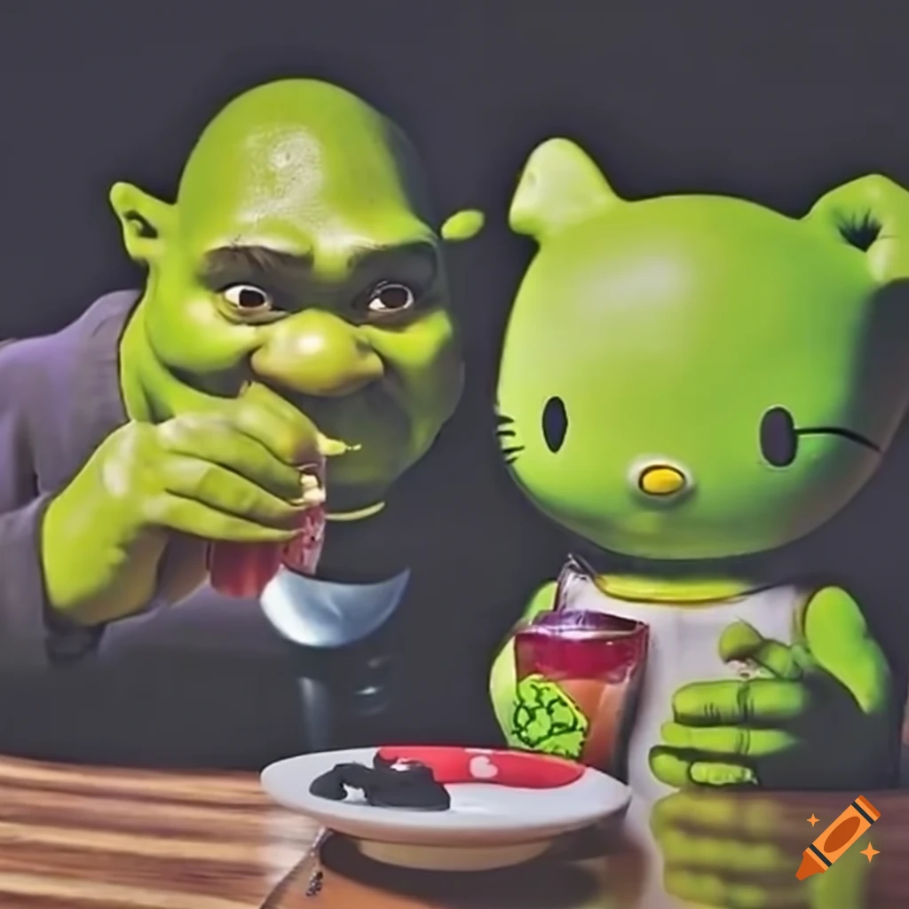 Hello kitty and shrek enjoying a drink together on Craiyon