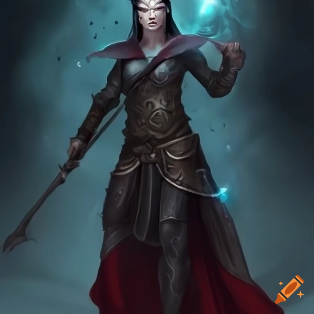 Full body young human battle mage with glowing white eyes and sharp ...