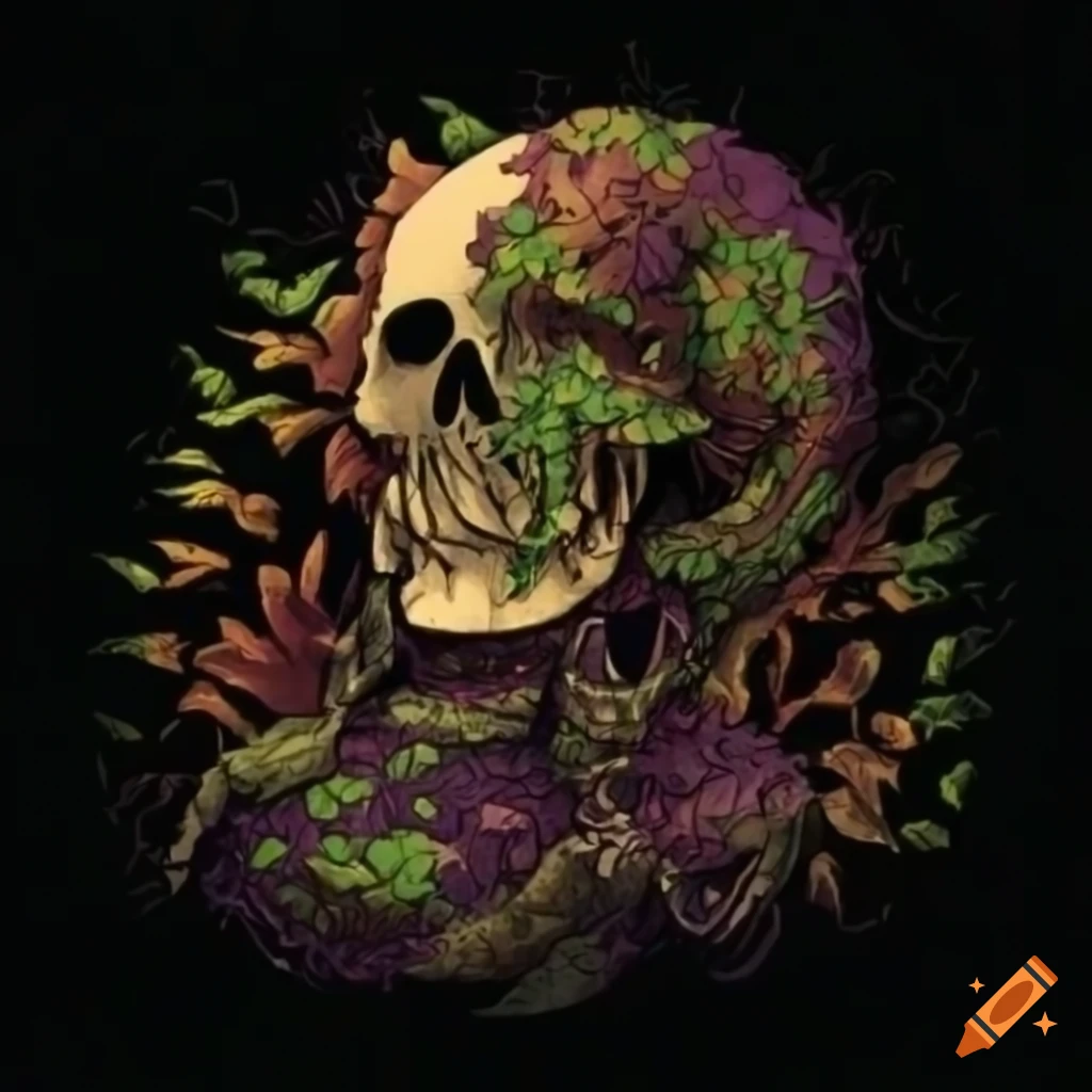 Skeleton in medieval armor lying on vine-covered tree in dark comic-book style on Craiyon