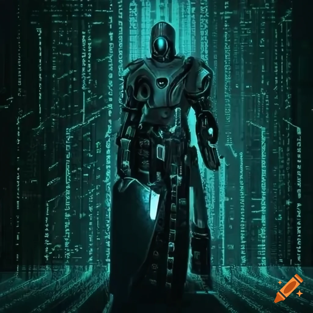 Cybernetic knight with shield and keyboard battling the enemy in matrix ...