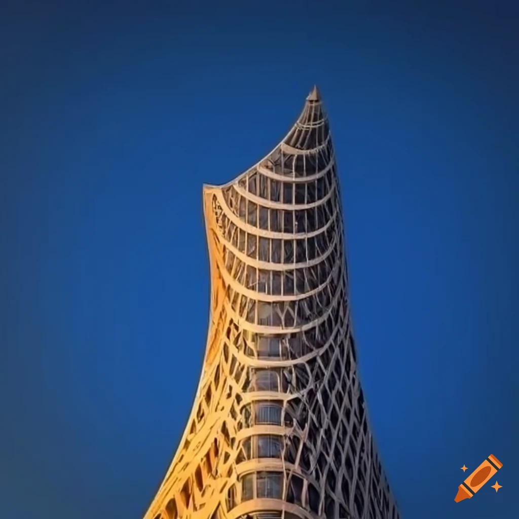 Falcon tower building with graceful curves and feather patterns on Craiyon