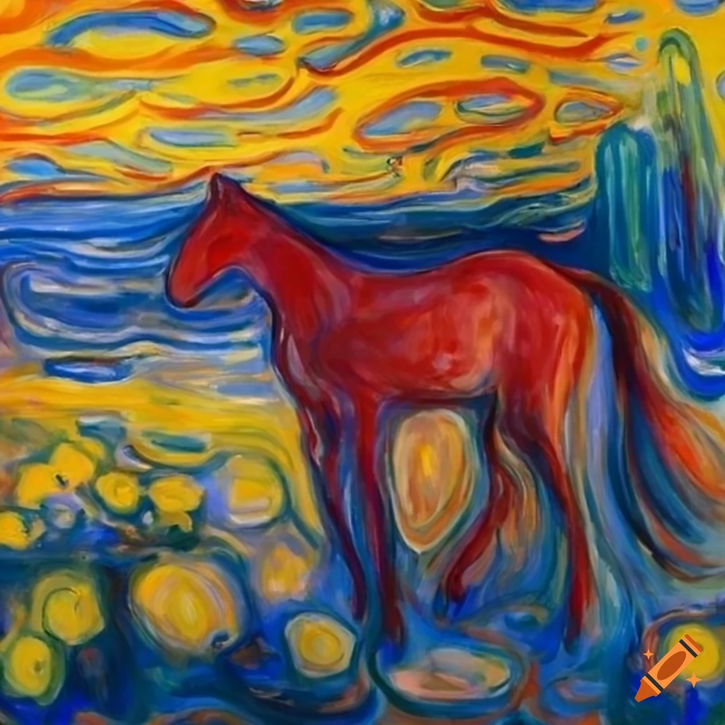 Red and blue horses in a forest with yellow and blue flowers, inspired ...