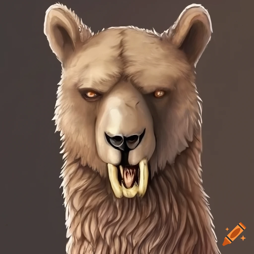Composite animal with lama head, bear body, saber tooth on Craiyon