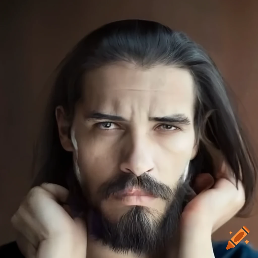 Attractive 34-year-old man with long hair in a bun and a beard on Craiyon