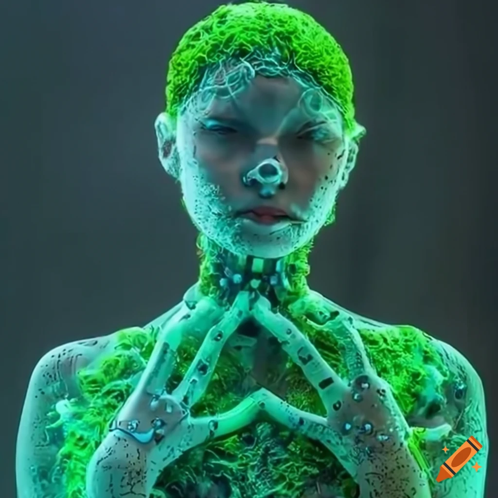 High-tech biopunk cyborg covered in glowing biopunk moss in a ...