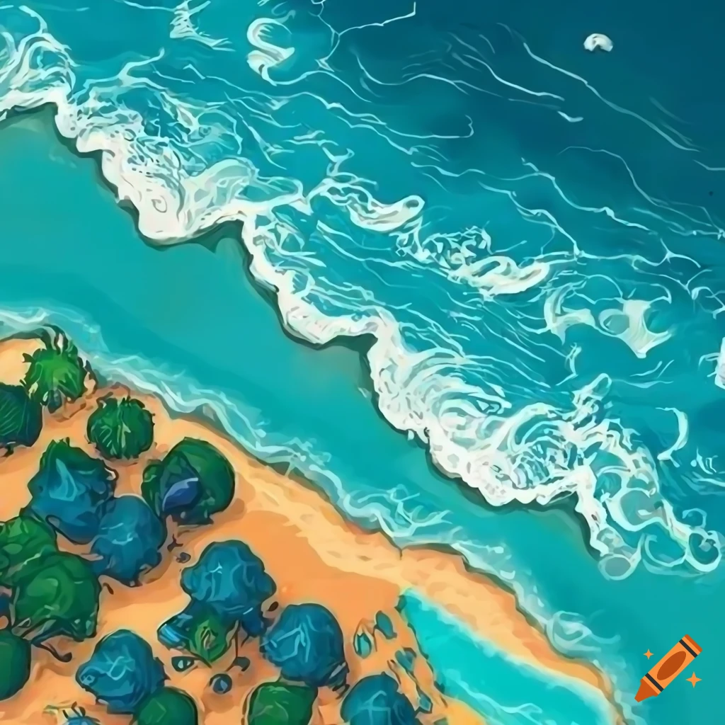 Isometric beach scene with surfers in the ocean and waves on Craiyon