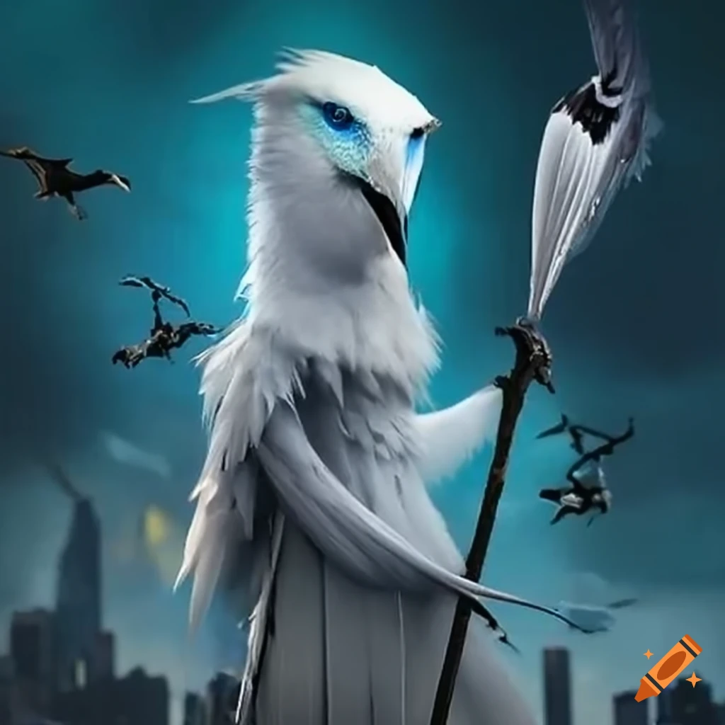Giant white bird man with long beak attacking a city on Craiyon