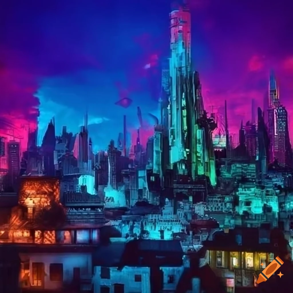 Colorful biopunk cityscape with glowing plants and unique architecture ...