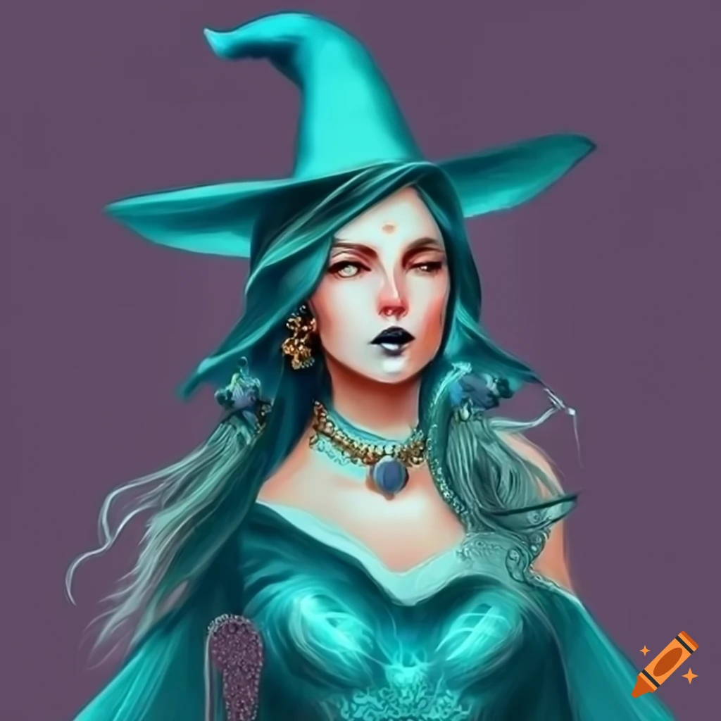Female witch huntress in teal clothes with jewelry and a light blue ...