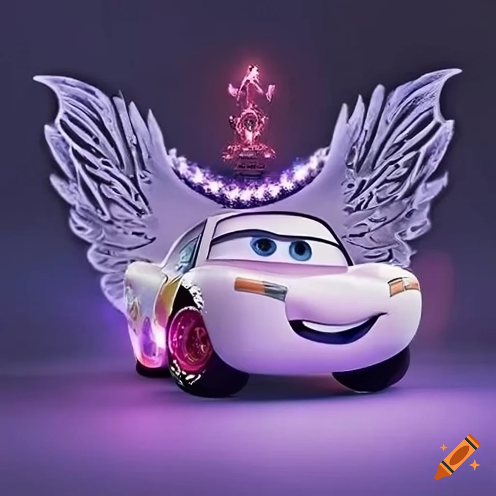 Lightning McQueen from Cars with wings and a holy halo in divine light ...