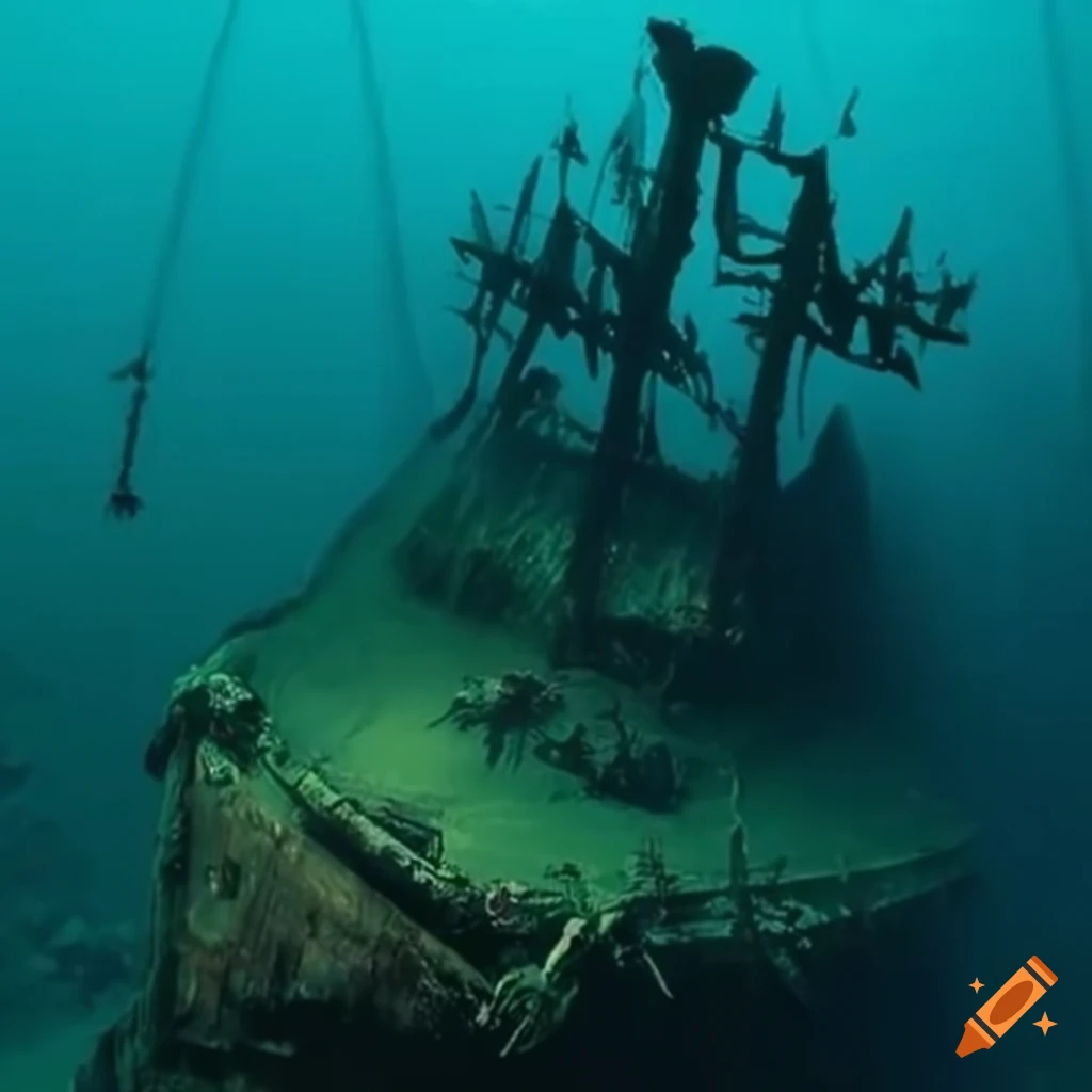 Mysterious and scary 100-year-old shipwreck in clear water on Craiyon
