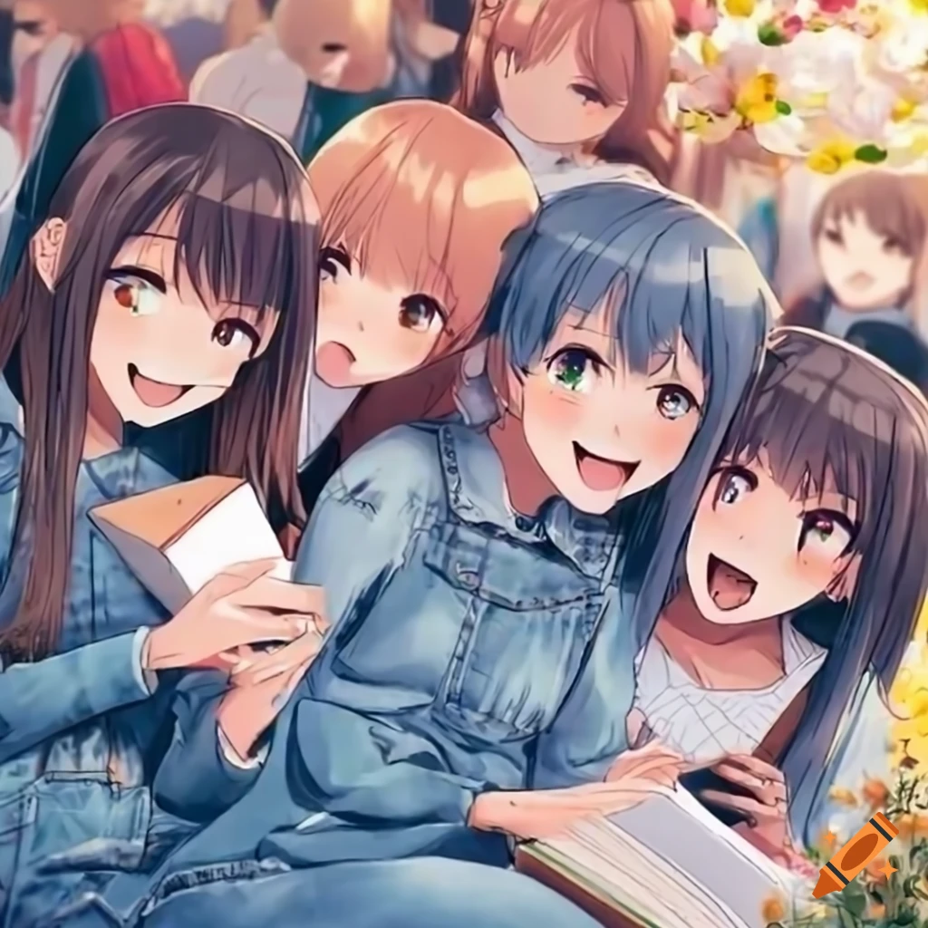 Cheerful anime girls enjoying science books in a crowded outdoor market ...