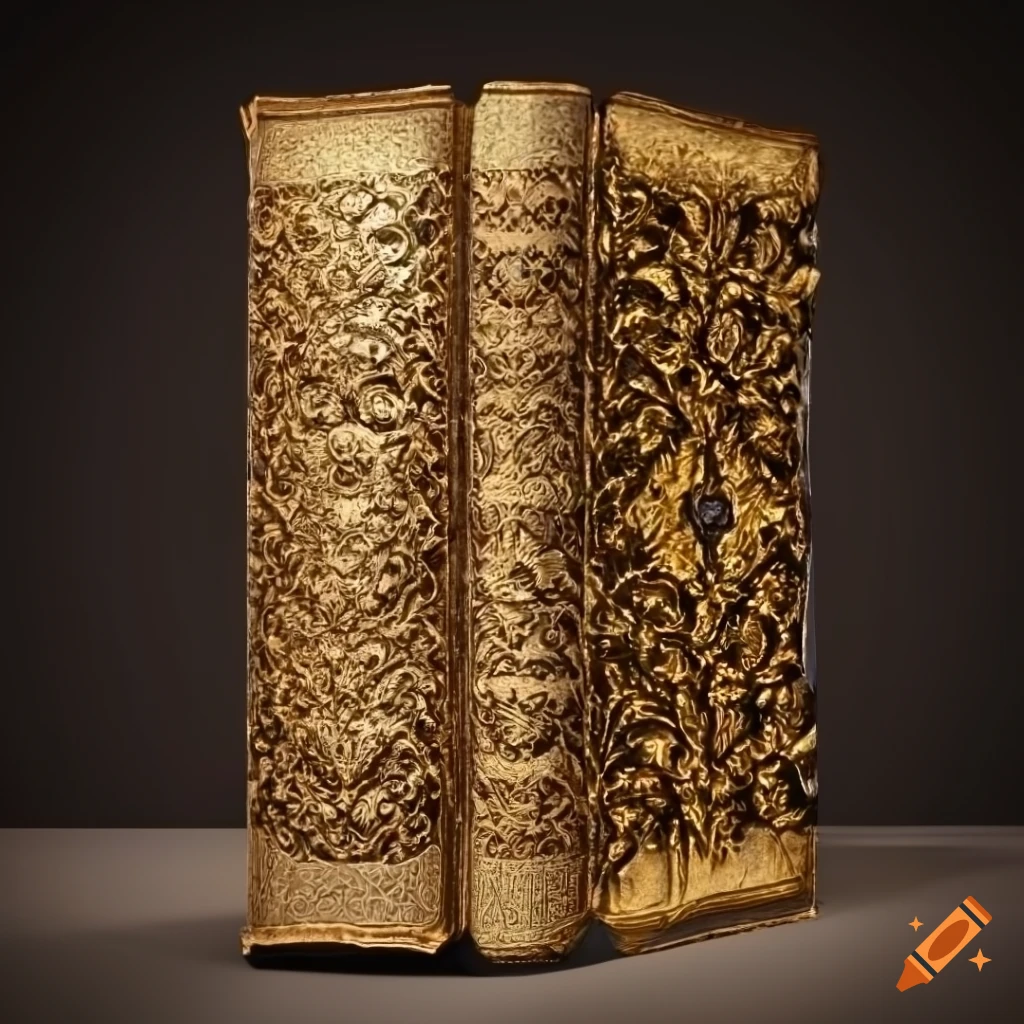 Hd old vintage book end with gold leaf intricate details on Craiyon