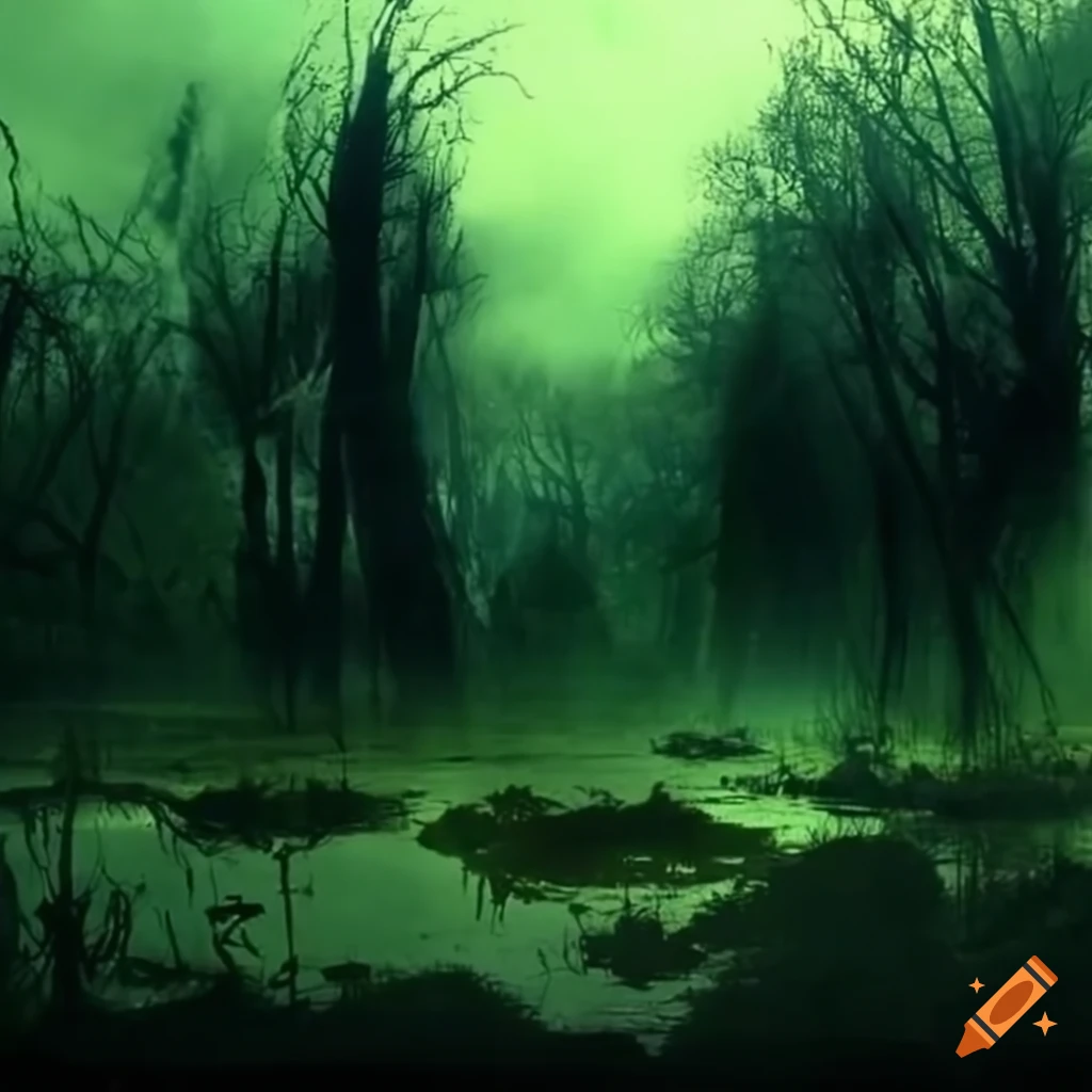 Industrial swamp with toxic wasteland and black trees on Craiyon