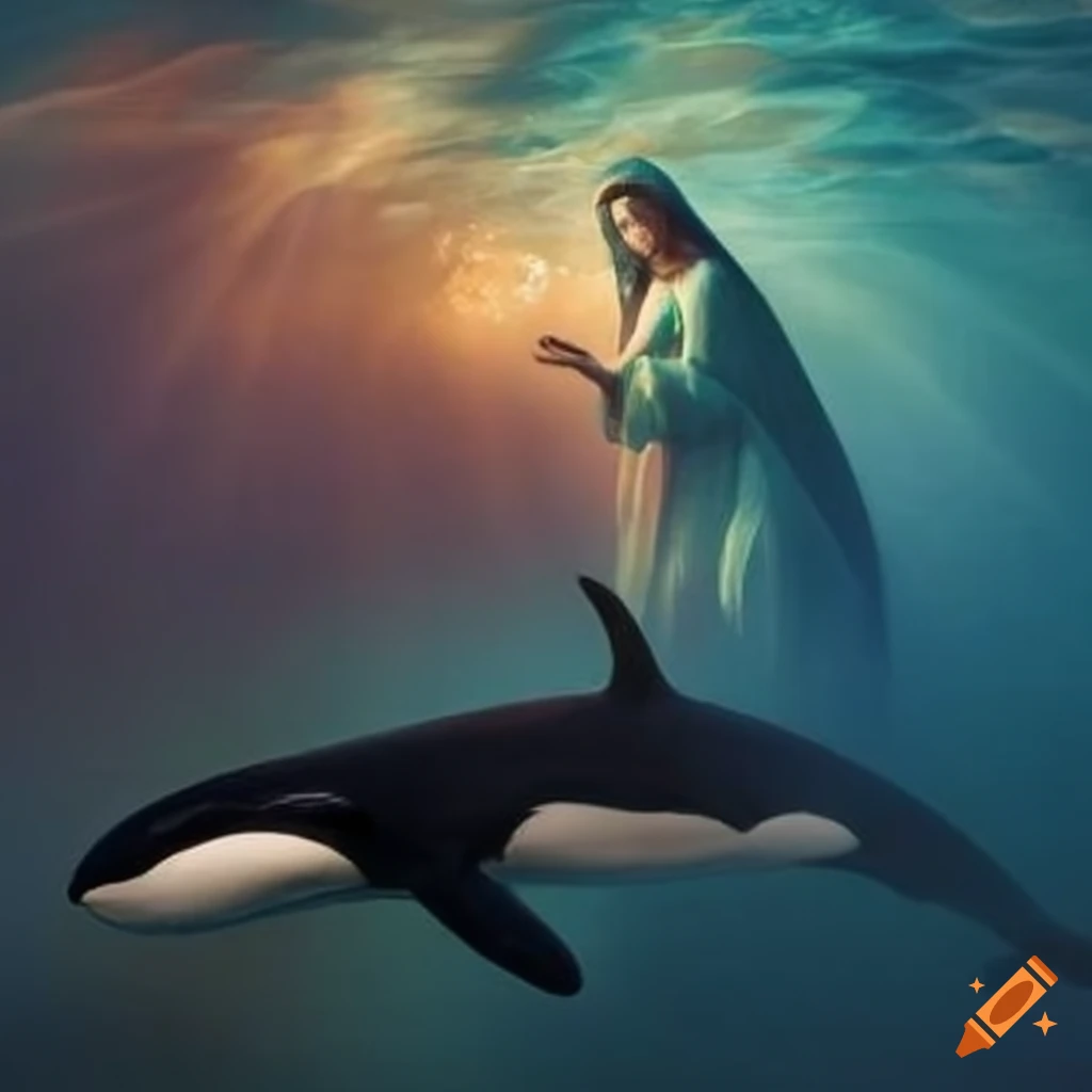 Artistic blend of Holy Mary and a killer whale on Craiyon
