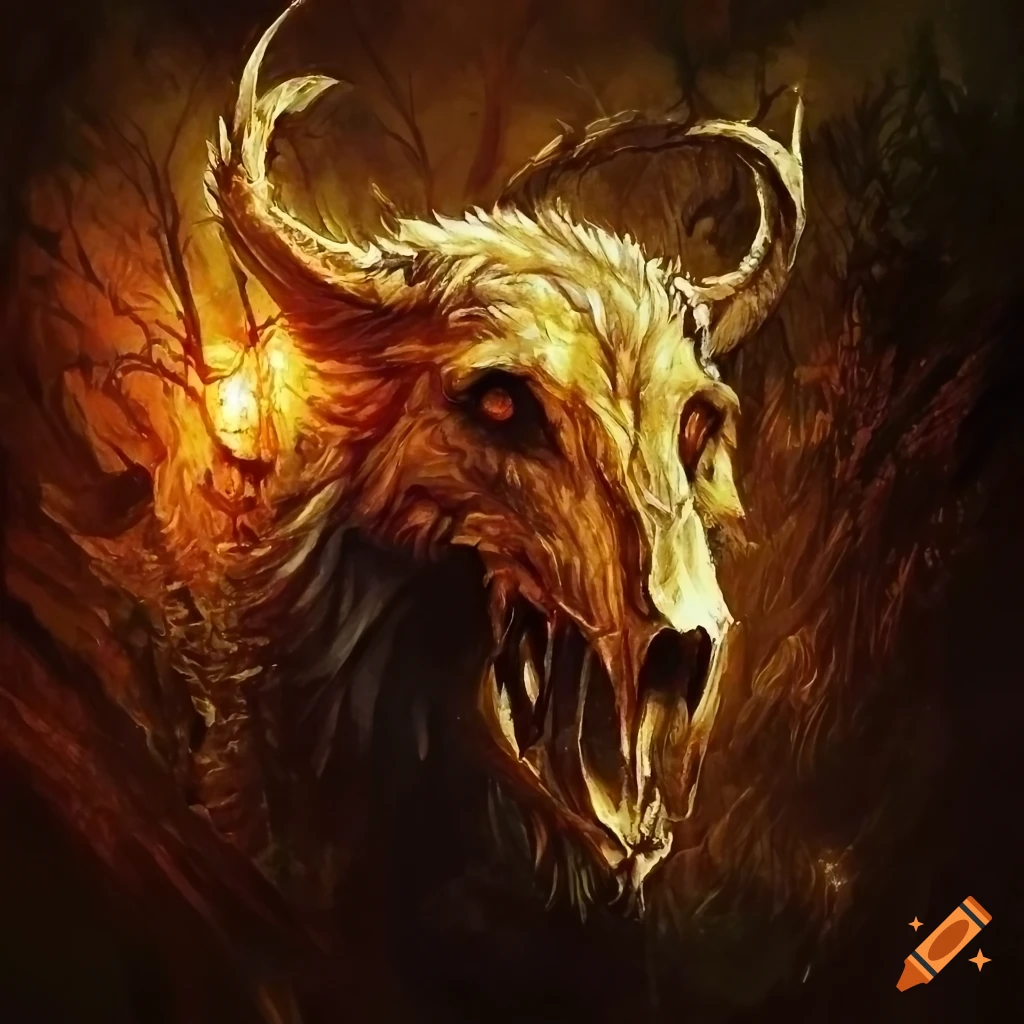 Highly detailed wolf skull in a fantasy forest setting on Craiyon