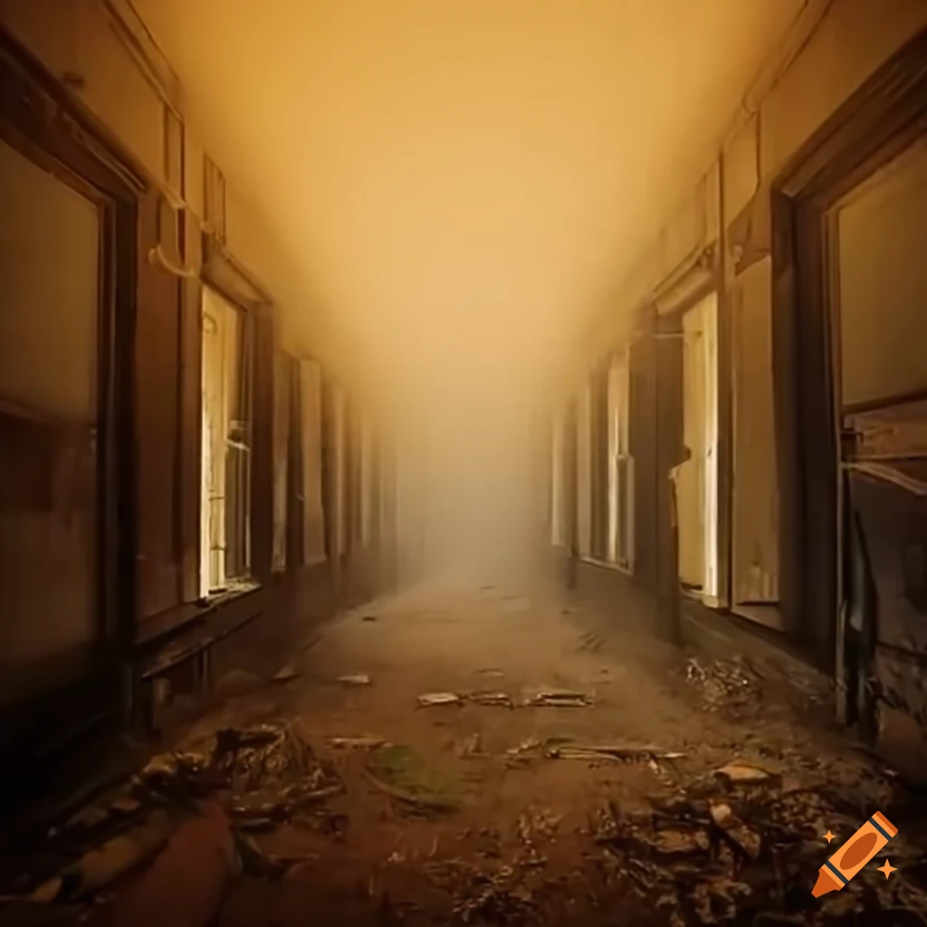 Abandoned conference room in amber fog with long industrial windows on ...
