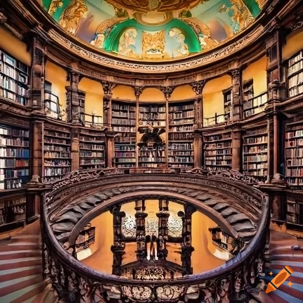 Majestic library with art nouveau architecture, circular staircase, and ...