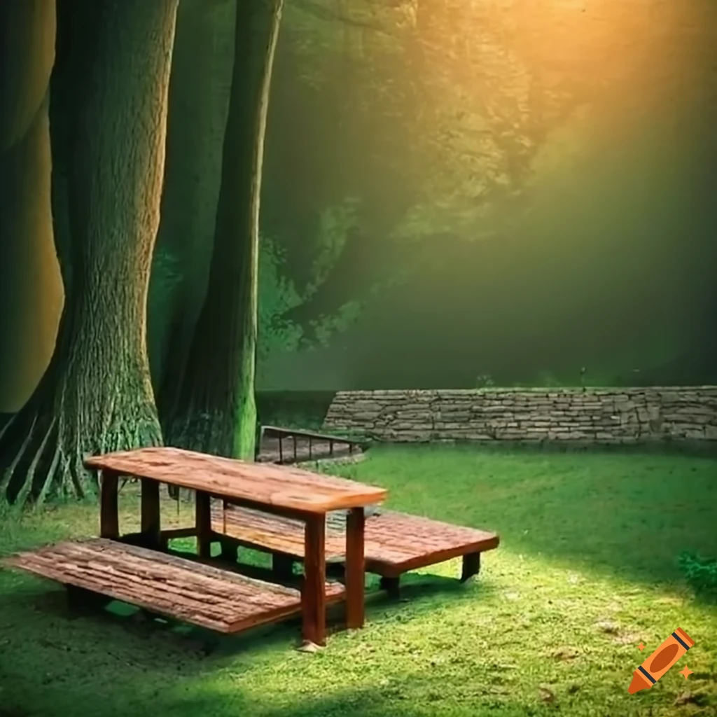 Small picnic area at the base of a grassy slope with limestone brick ...