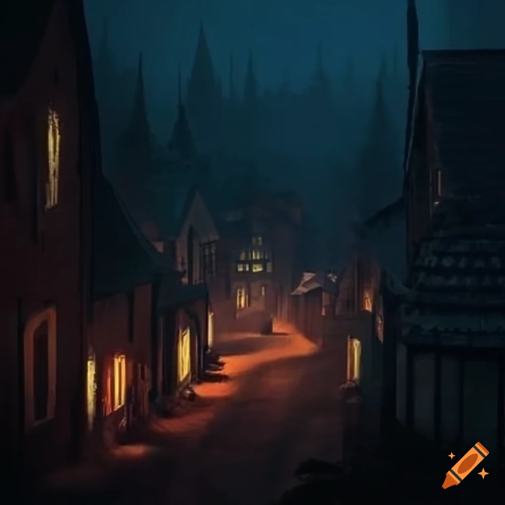 Panoramic view of an intricate small town at night on Craiyon