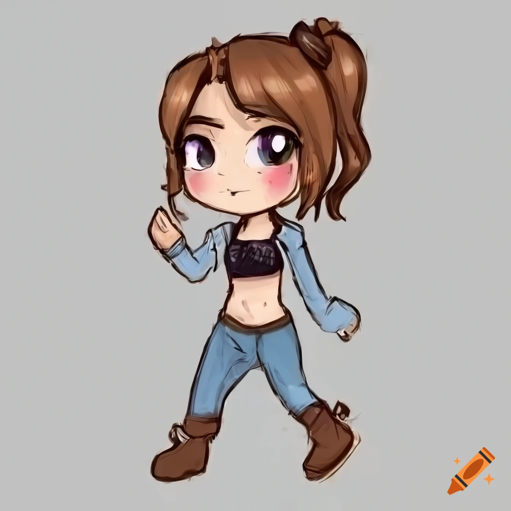 Chibi female character in white top and blue jeans with brown leather ...