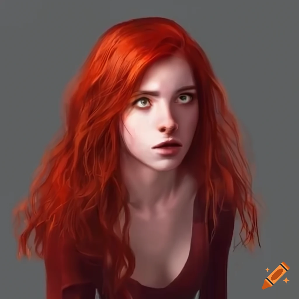 Character art of a shy woman with red hair on Craiyon