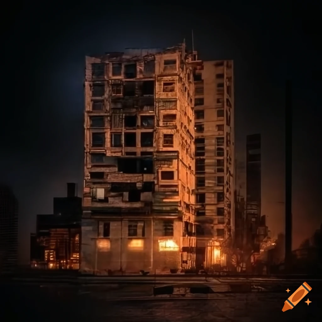 Abandoned '80s office building with broken windows at dusk on Craiyon