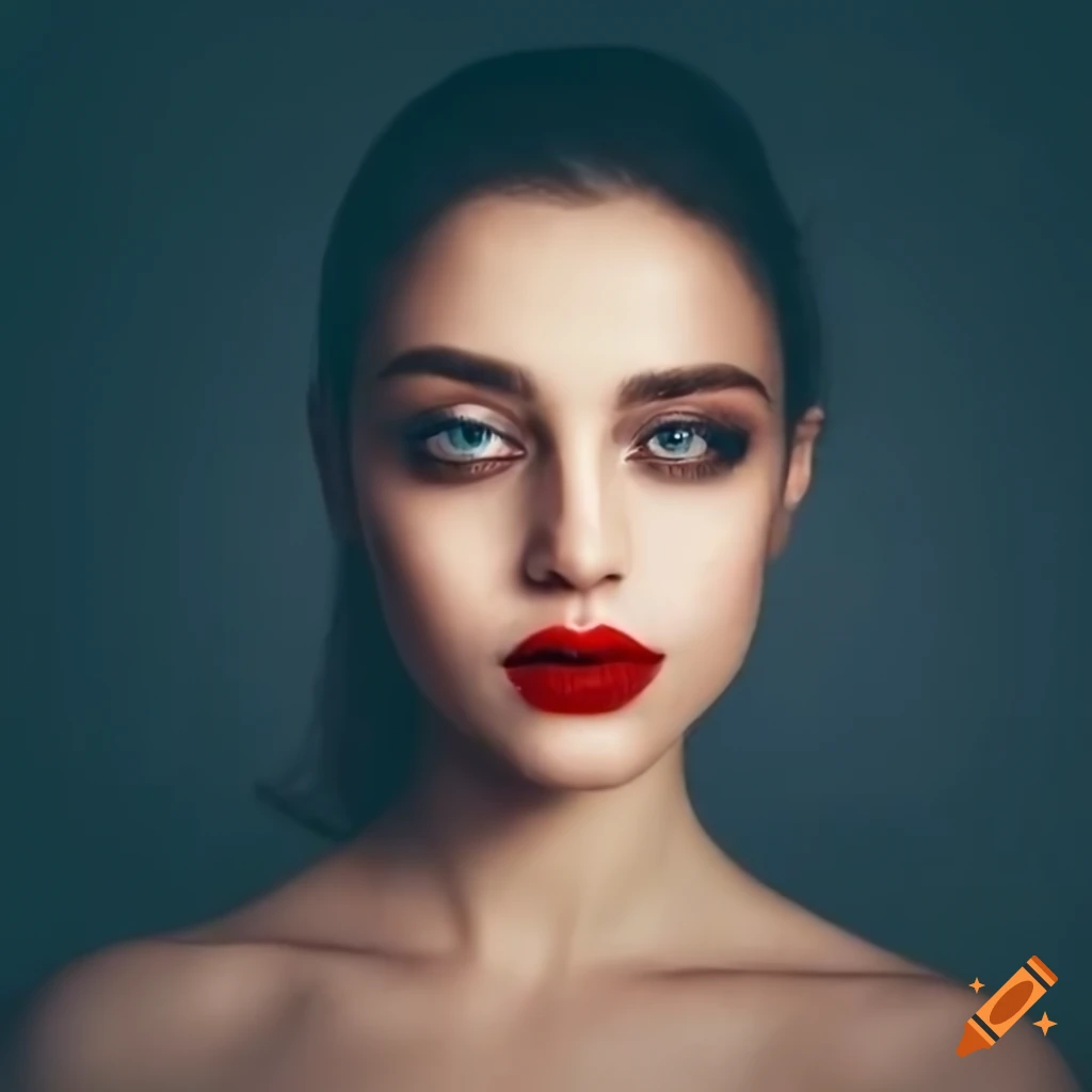 Portrait of a young woman with jet black wavy hair and green almond ...