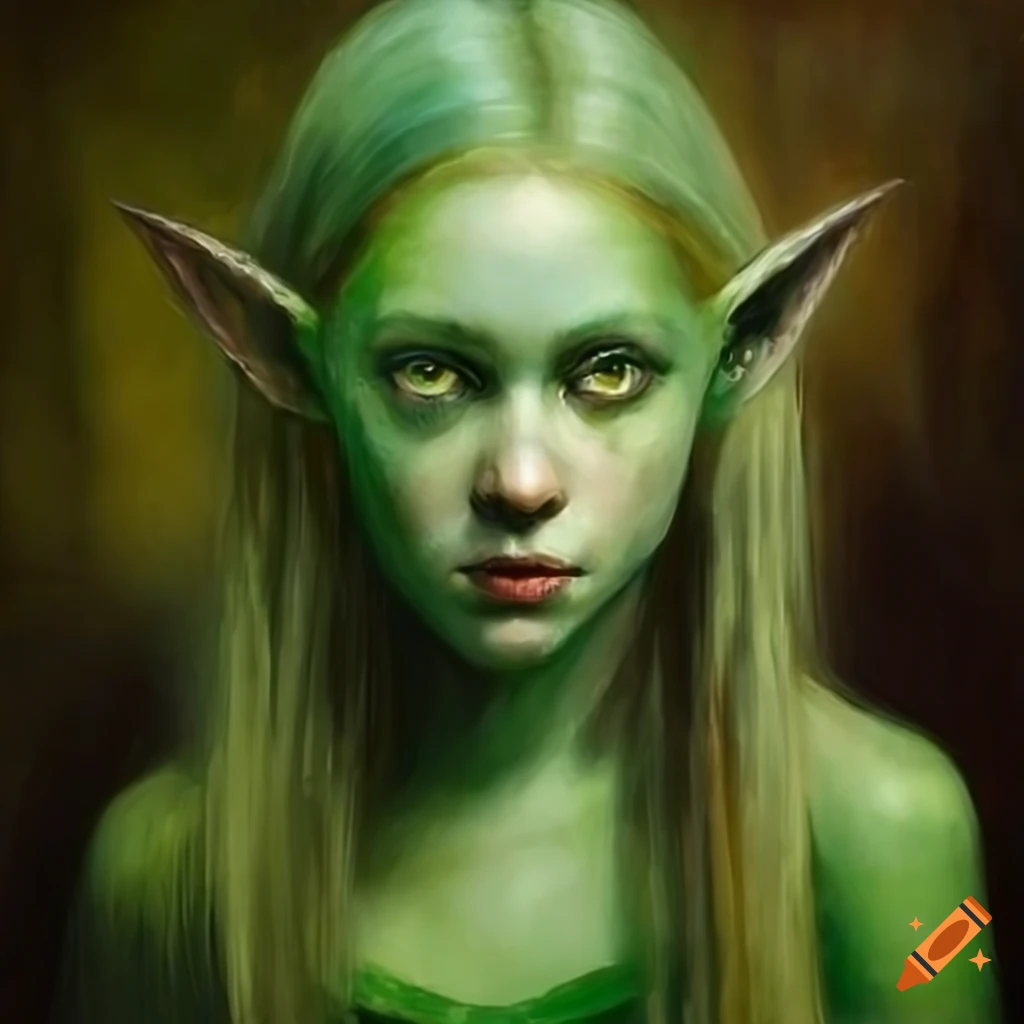 Hyper-realistic portrait of a green elf in edward hopper style on Craiyon