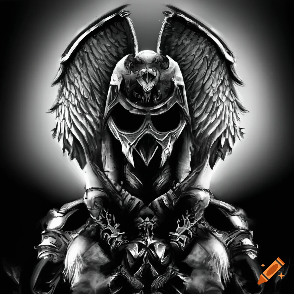 Dark angel in archangel helm with twin blades in high contrast black ...