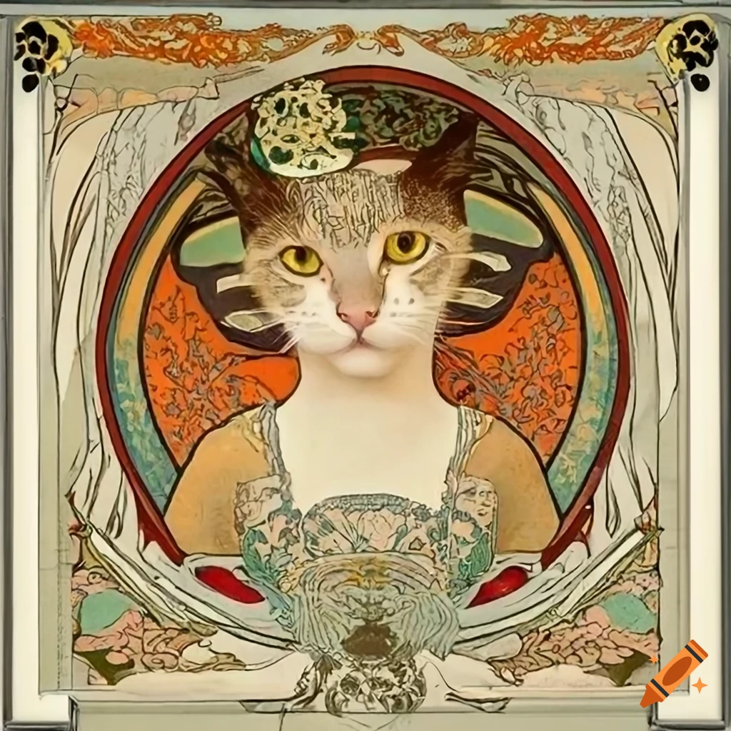 Intricate egyptian-themed alphonse mucha poster featuring tuxedo cats ...