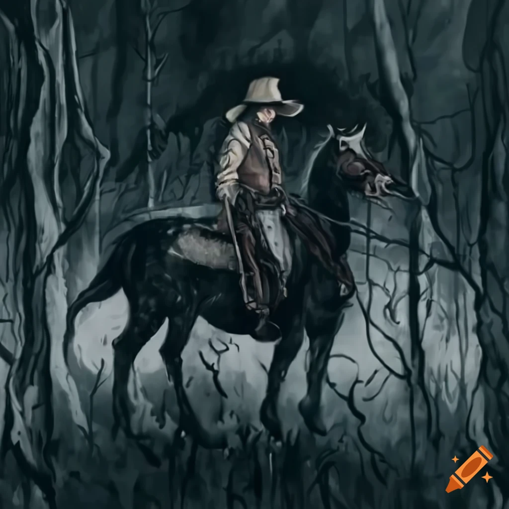 Cowboy on horseback exploring a mystical forest with swampy marshes on ...