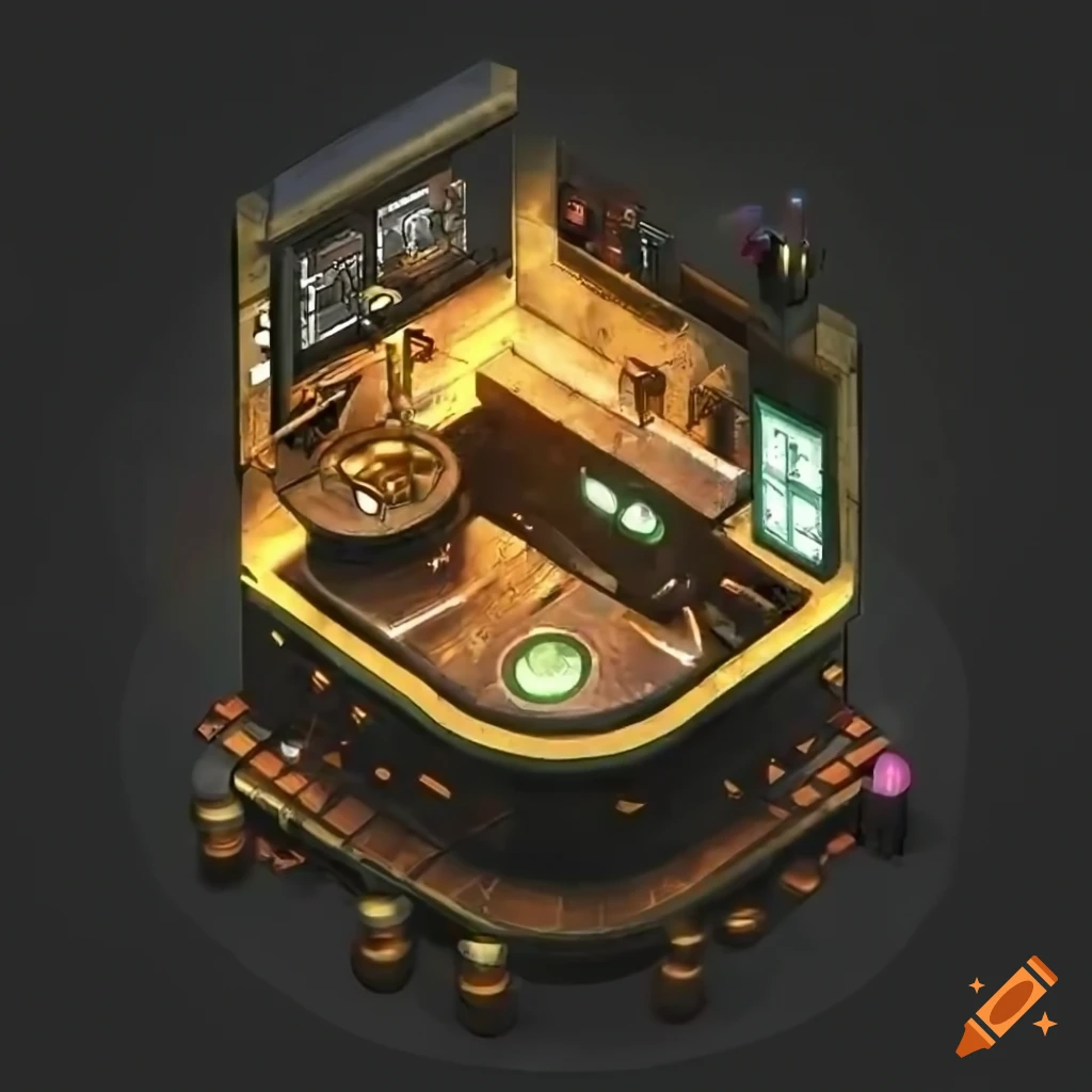 Sophisticated cyberpunk style bar with detailed machinery interior on ...