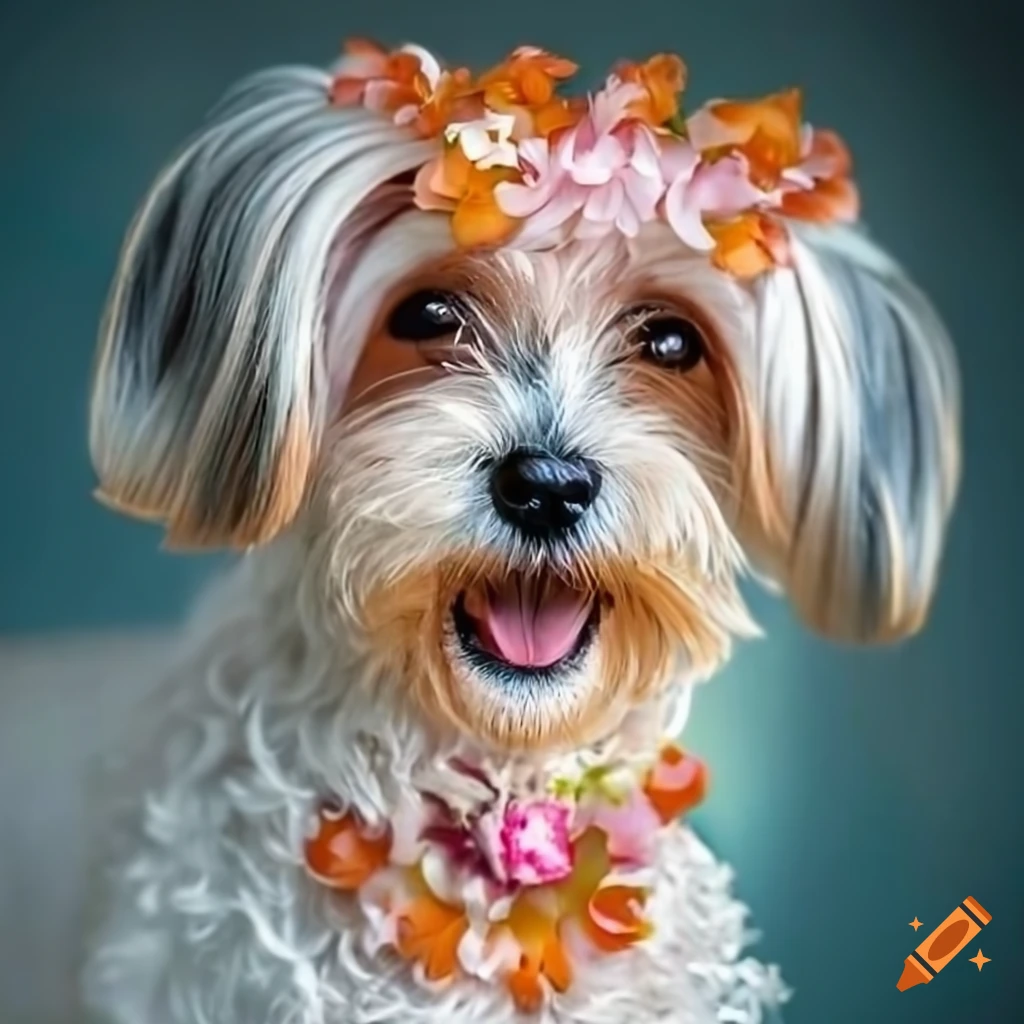White Maltese terrier dog with apricot ears and eyelashes wearing a ...