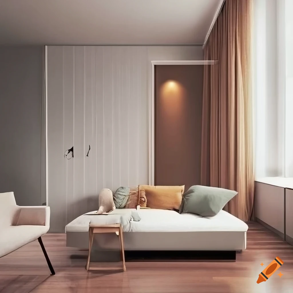 Cosy studio apartment with modern light fittings and cushion sofa on ...