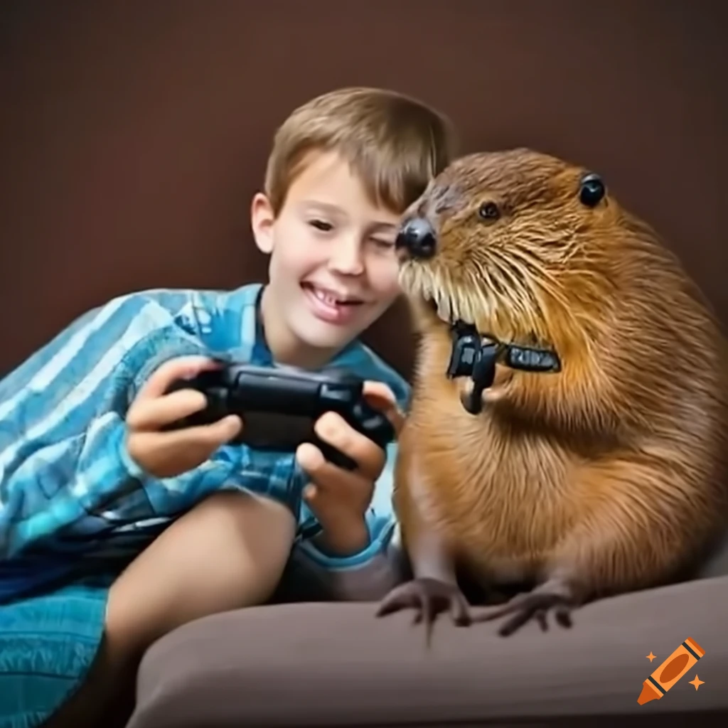 8th grade boy gaming on a couch with a beaver beside him on Craiyon