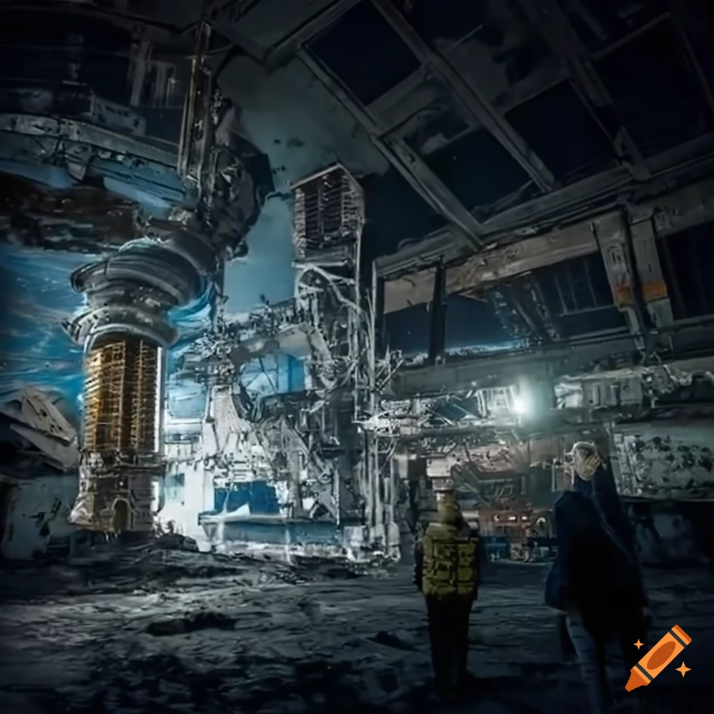 Shiny spaceship dismantling a large abandoned space station on Craiyon